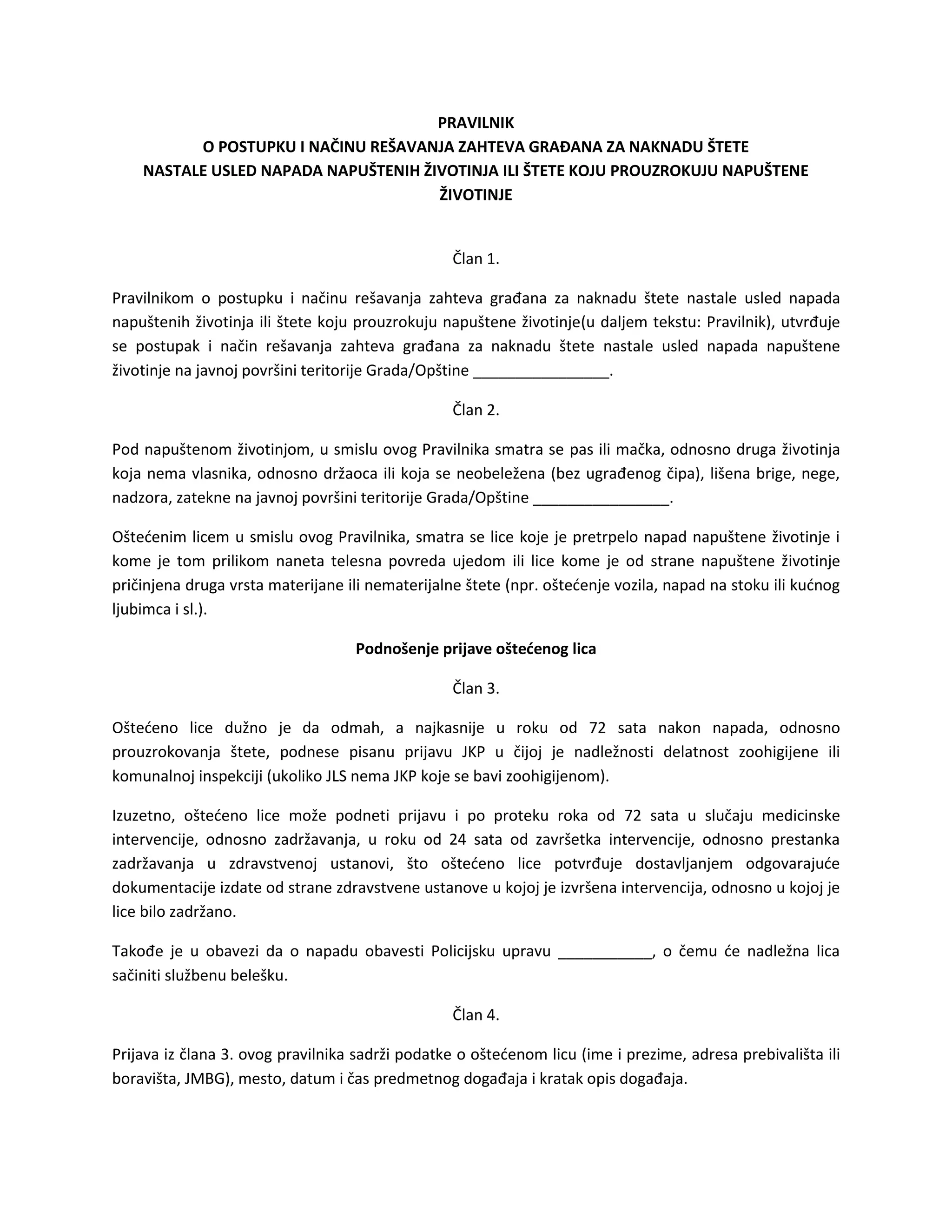 Pravilnik o odštetnim zahtevima usled ujeda napuštenih pasa | PDF