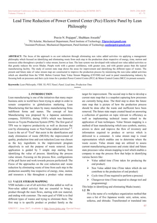 Lead Time Reduction of Power Control Center (Pcc) Electric Panel by Lean Philosophy | PDF