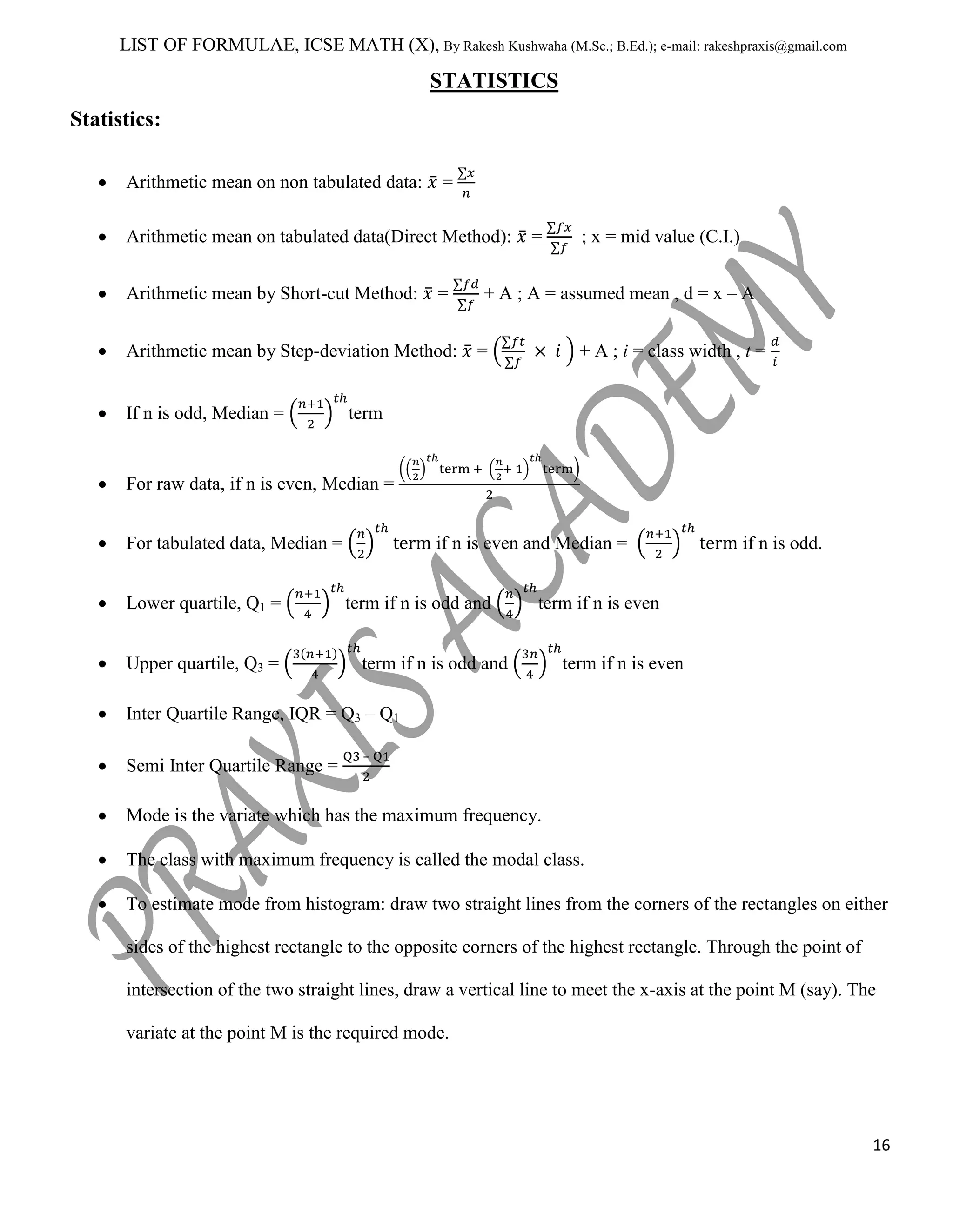 ICSE Mathematics Formulae Sheet | PDF