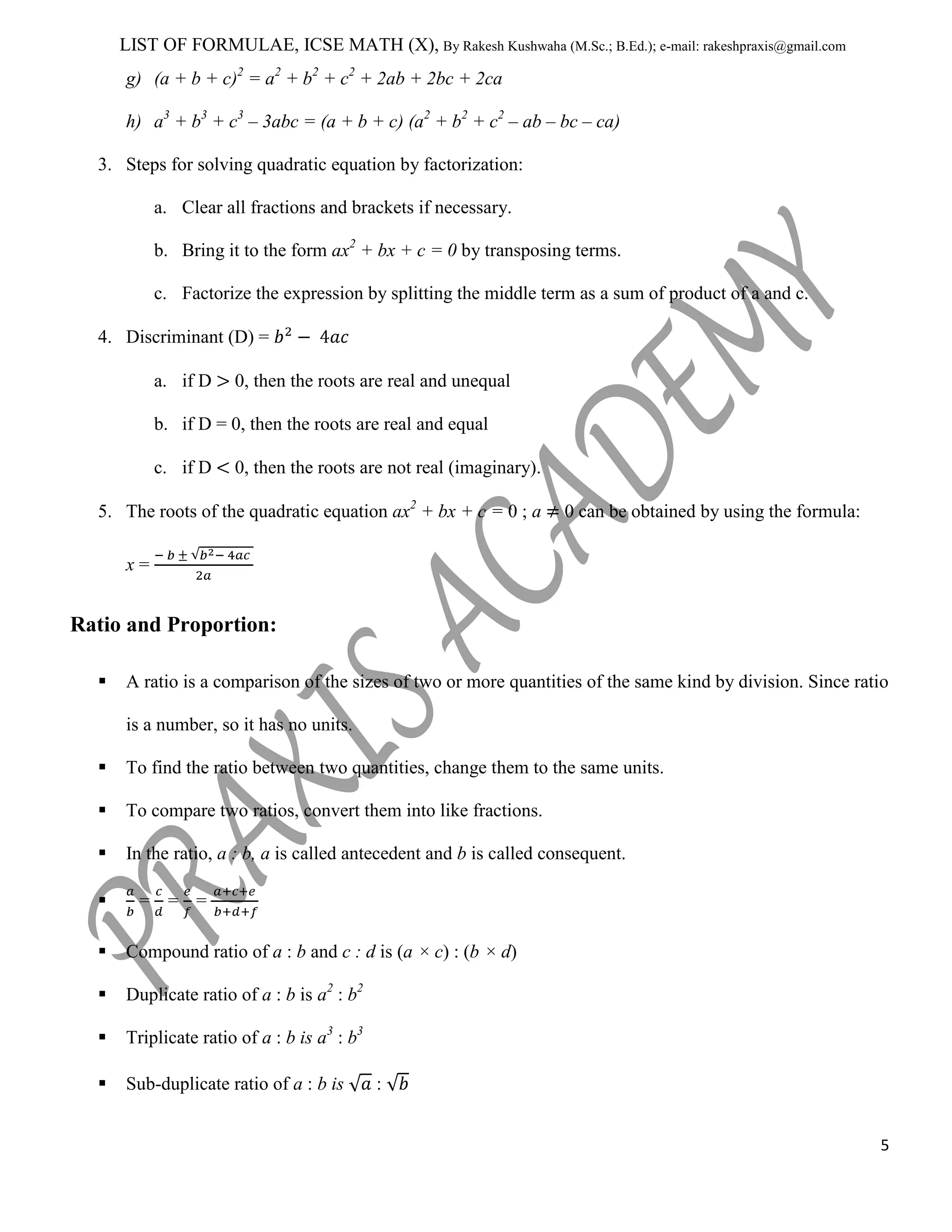 ICSE Mathematics Formulae Sheet | PDF