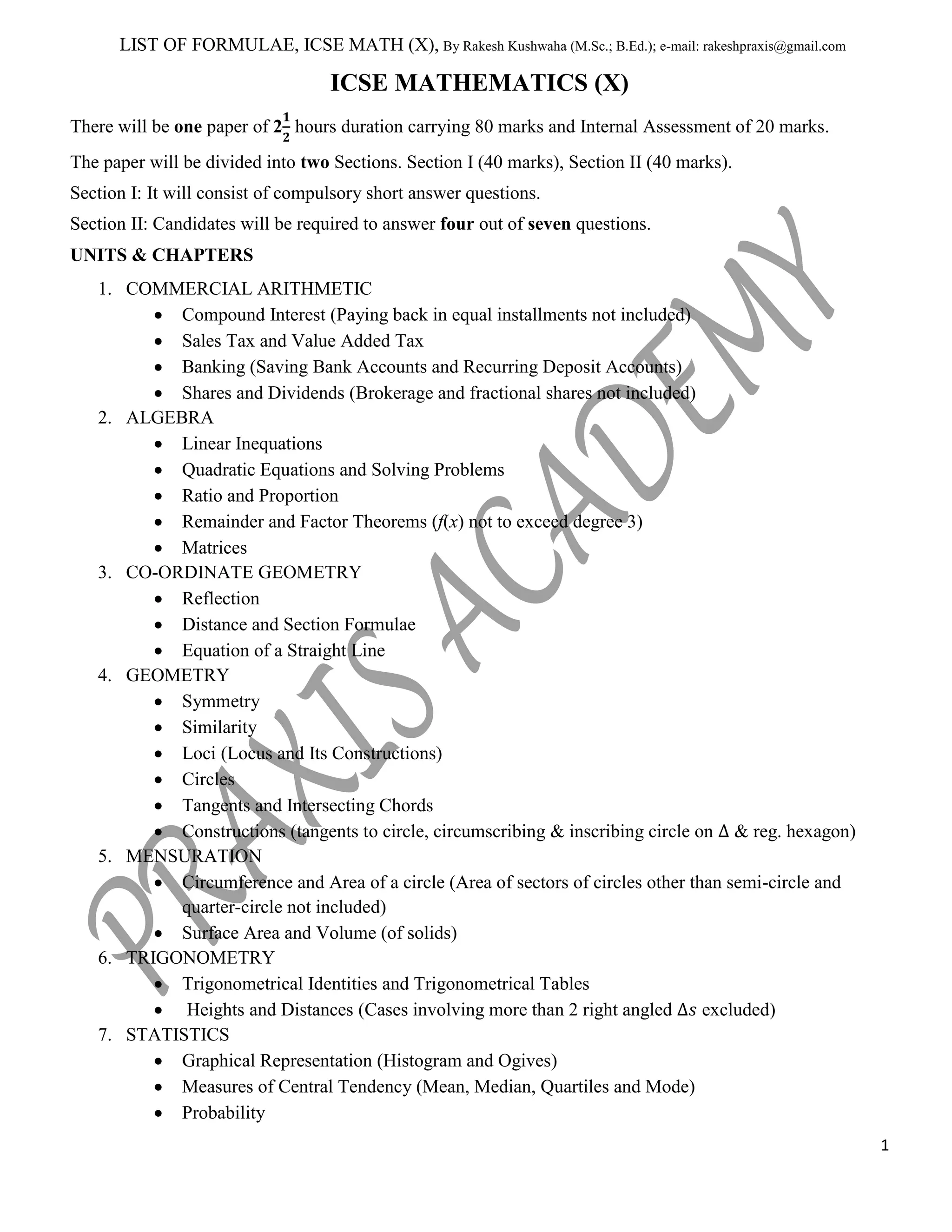 ICSE Mathematics Formulae Sheet | PDF
