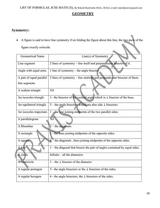 ICSE Mathematics Formulae Sheet | PDF