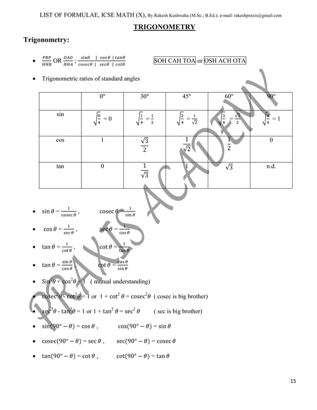 ICSE Mathematics Formulae Sheet | PDF
