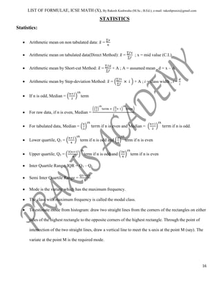 ICSE Mathematics Formulae Sheet | PDF