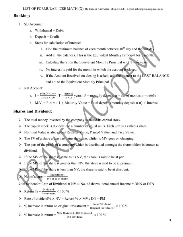 ICSE Mathematics Formulae Sheet | PDF