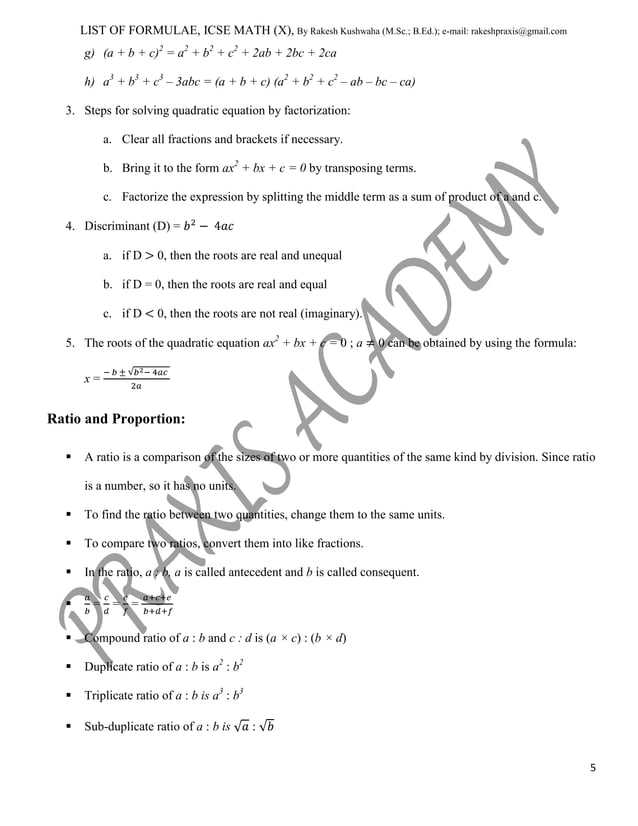ICSE Mathematics Formulae Sheet | PDF