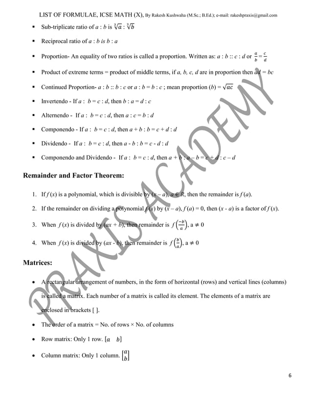 ICSE Mathematics Formulae Sheet | PDF