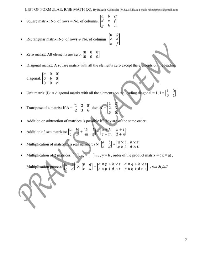 ICSE Mathematics Formulae Sheet | PDF