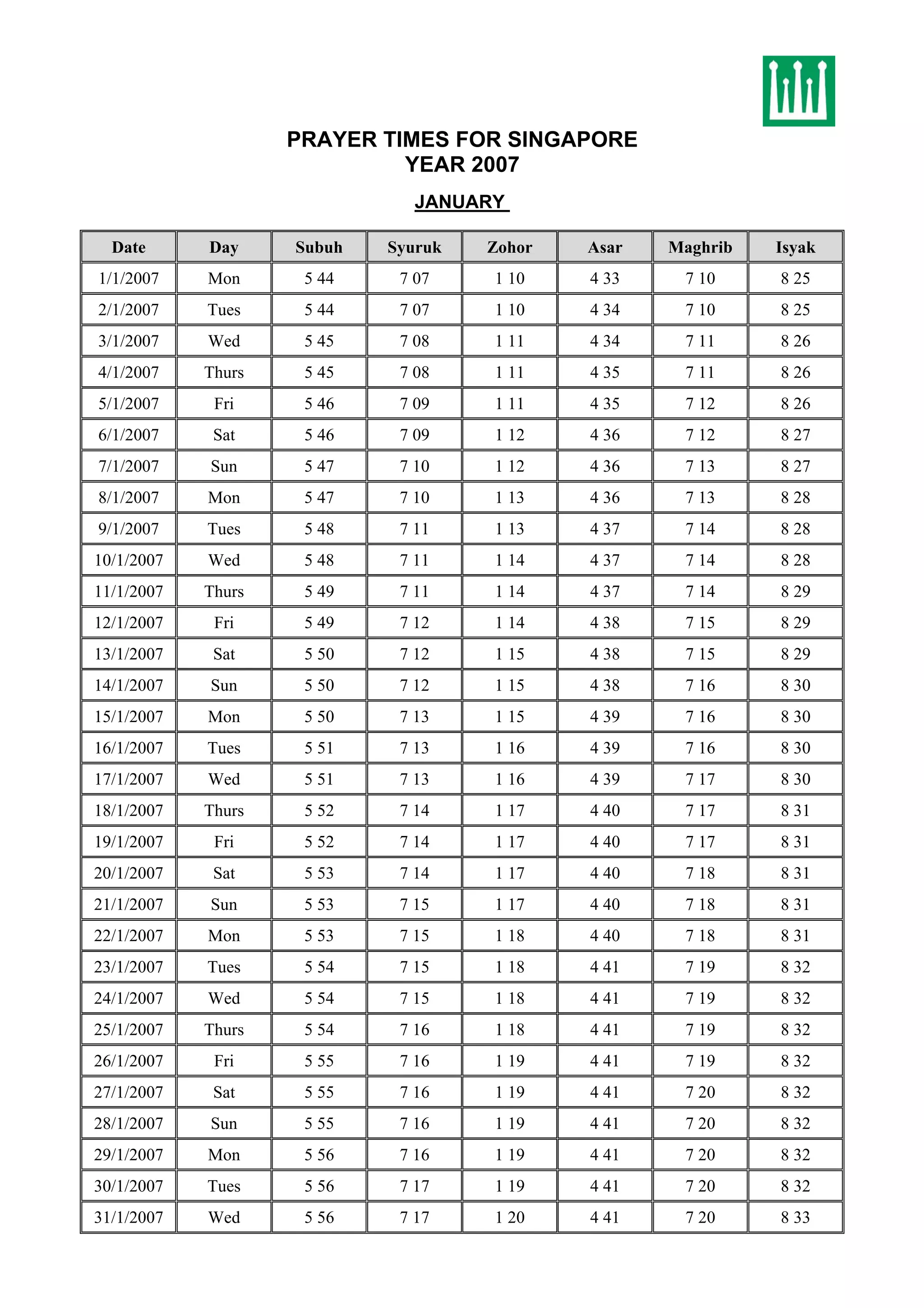 Prayer Timings 2007 (S'pore) | PPT