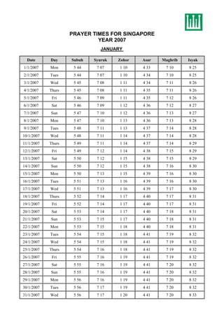Prayer Timings 2007 (S'pore) | PPT
