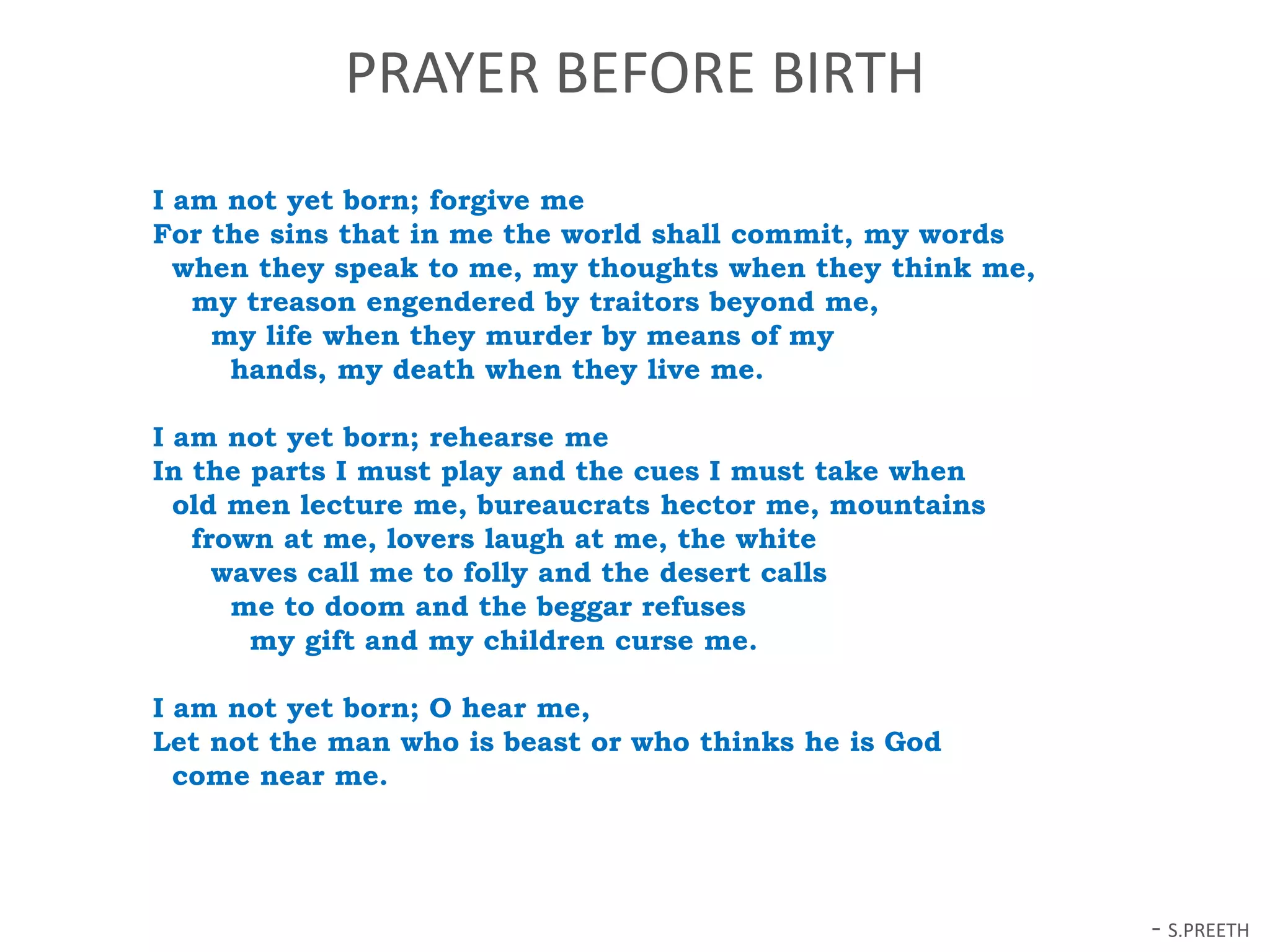 Prayer before birth - a poem by Louis MacNeice - Ppt - Literary tribute ...