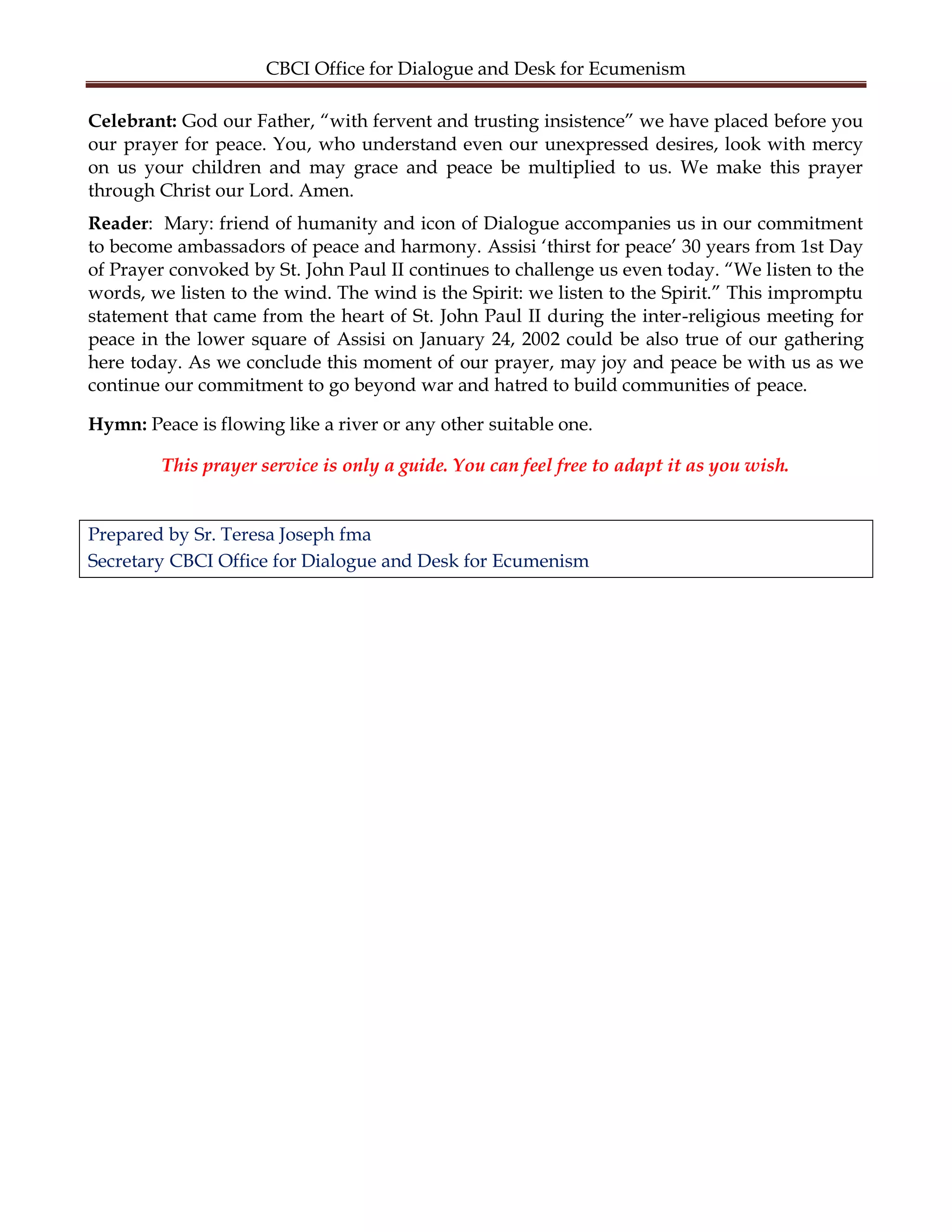Prayer for peace CBCI dialogue sep_20 Sister Teresa Joseph | PDF