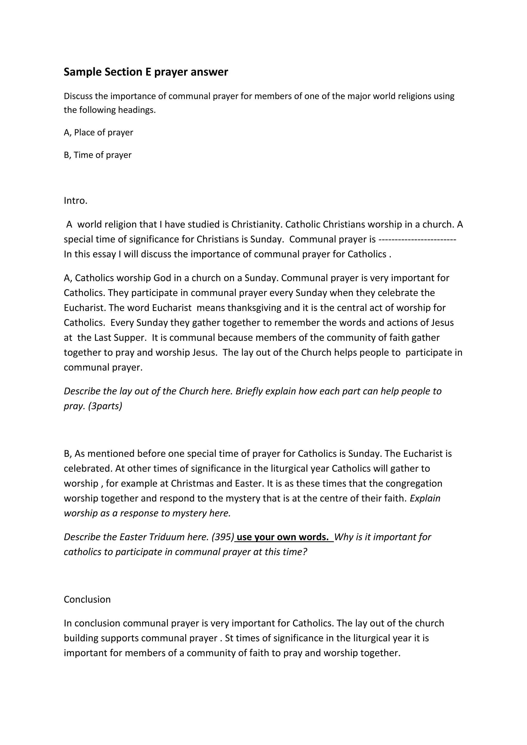 Prayer Sample Answer | DOC | Christianity | Religion & Spirituality