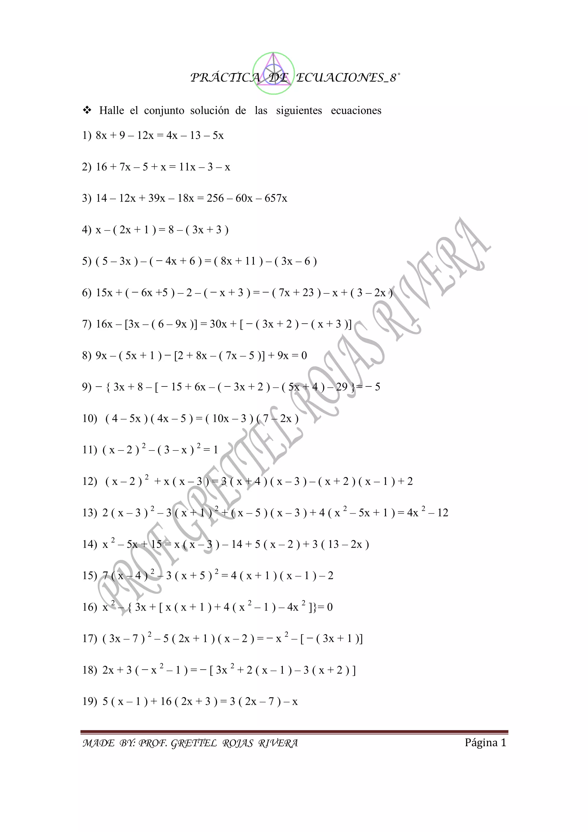 Práctica de ecuaciones de primer grado con una incógnita_prof.grettel mate | PDF