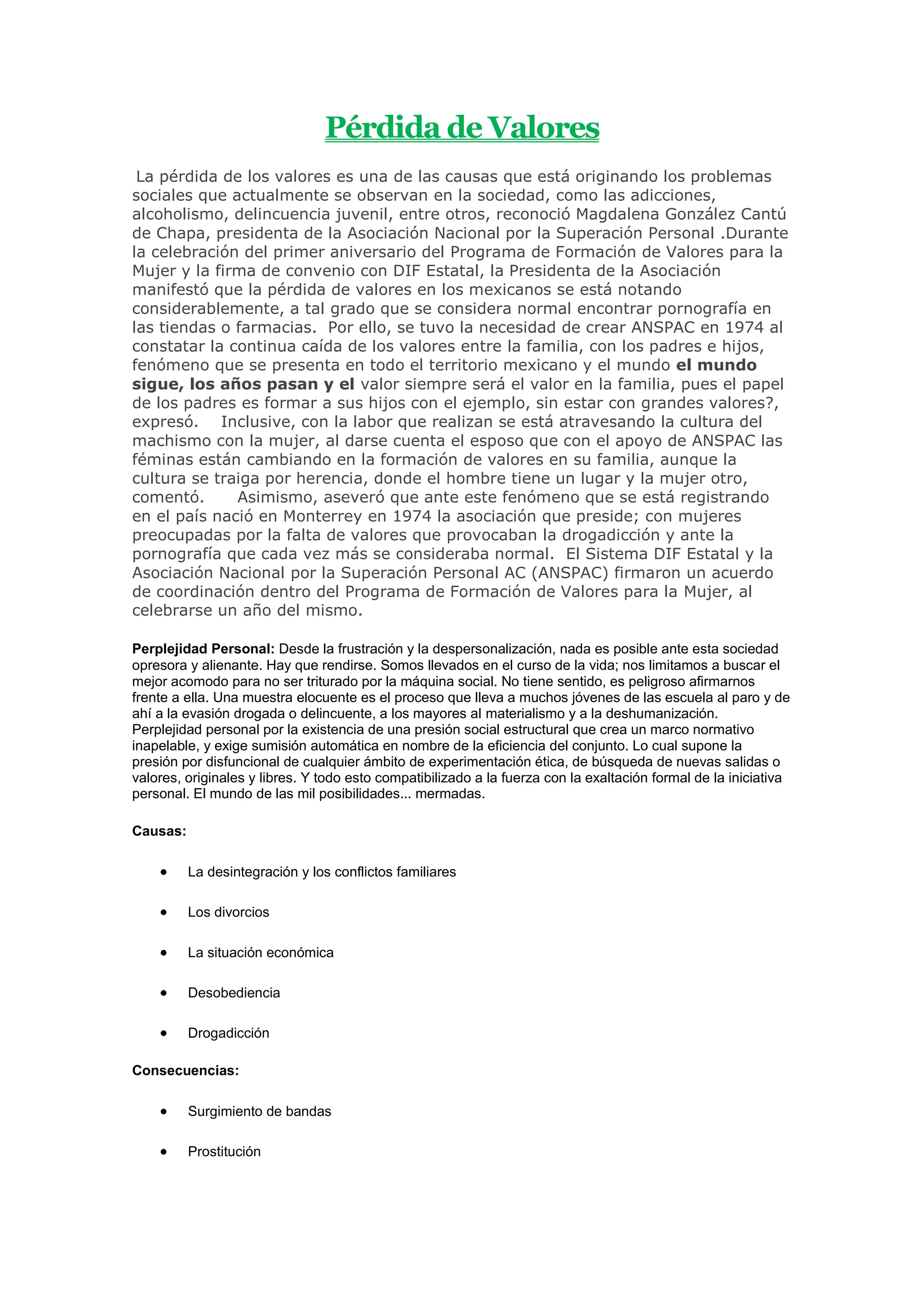 Pérdida de valores en la sociedad | PDF