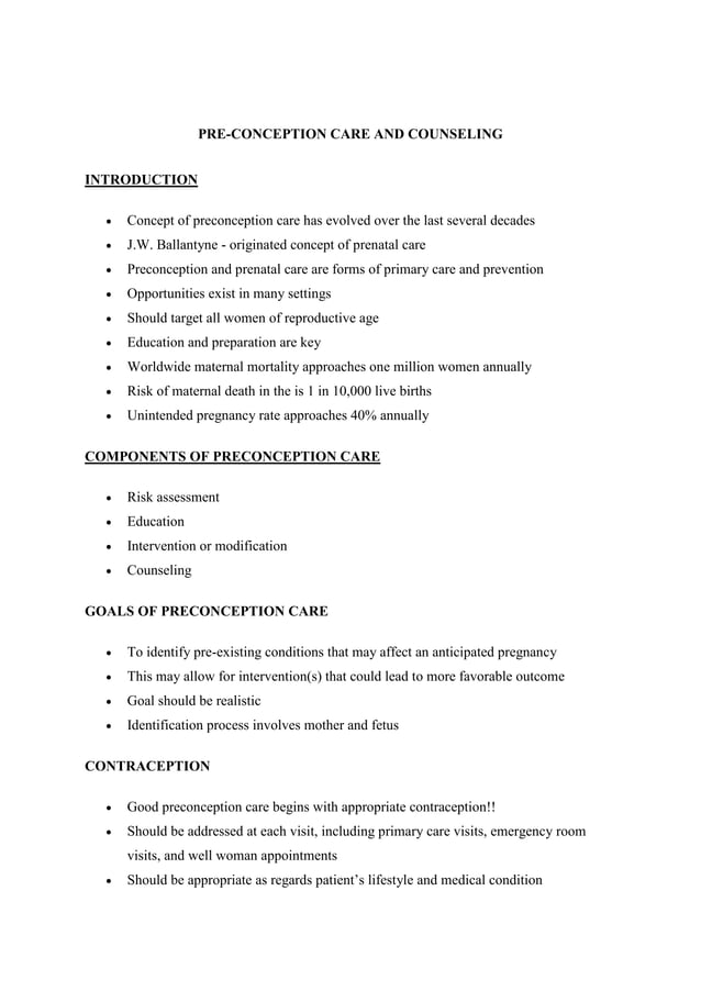 PRECONCEPTION CARE/ COUNSELLING | PDF | Pregnancy | Reproductive Health