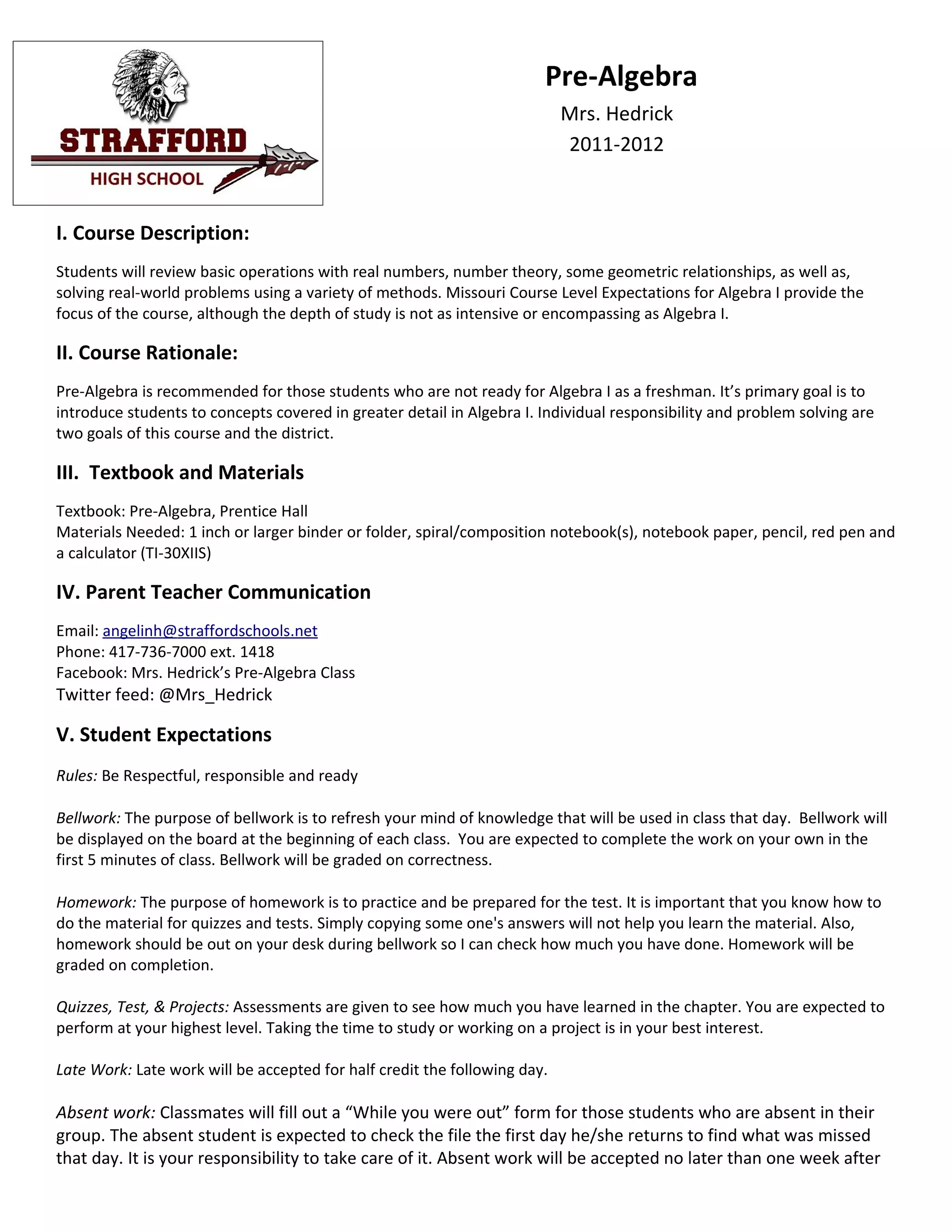 Pre-Algebra Syllabus | PDF