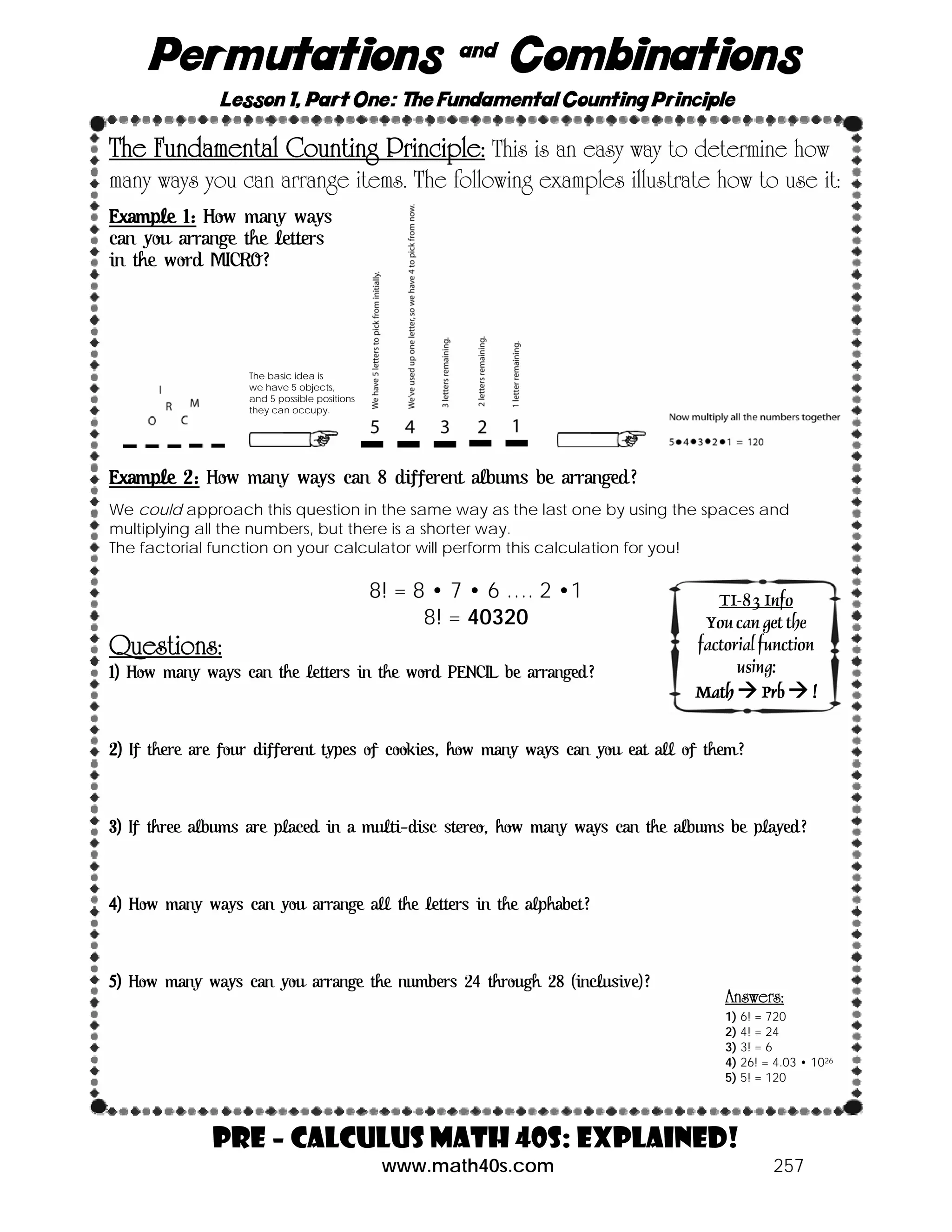 Pre calculus math 40s - permutations & combinations - lesson 1 | PDF
