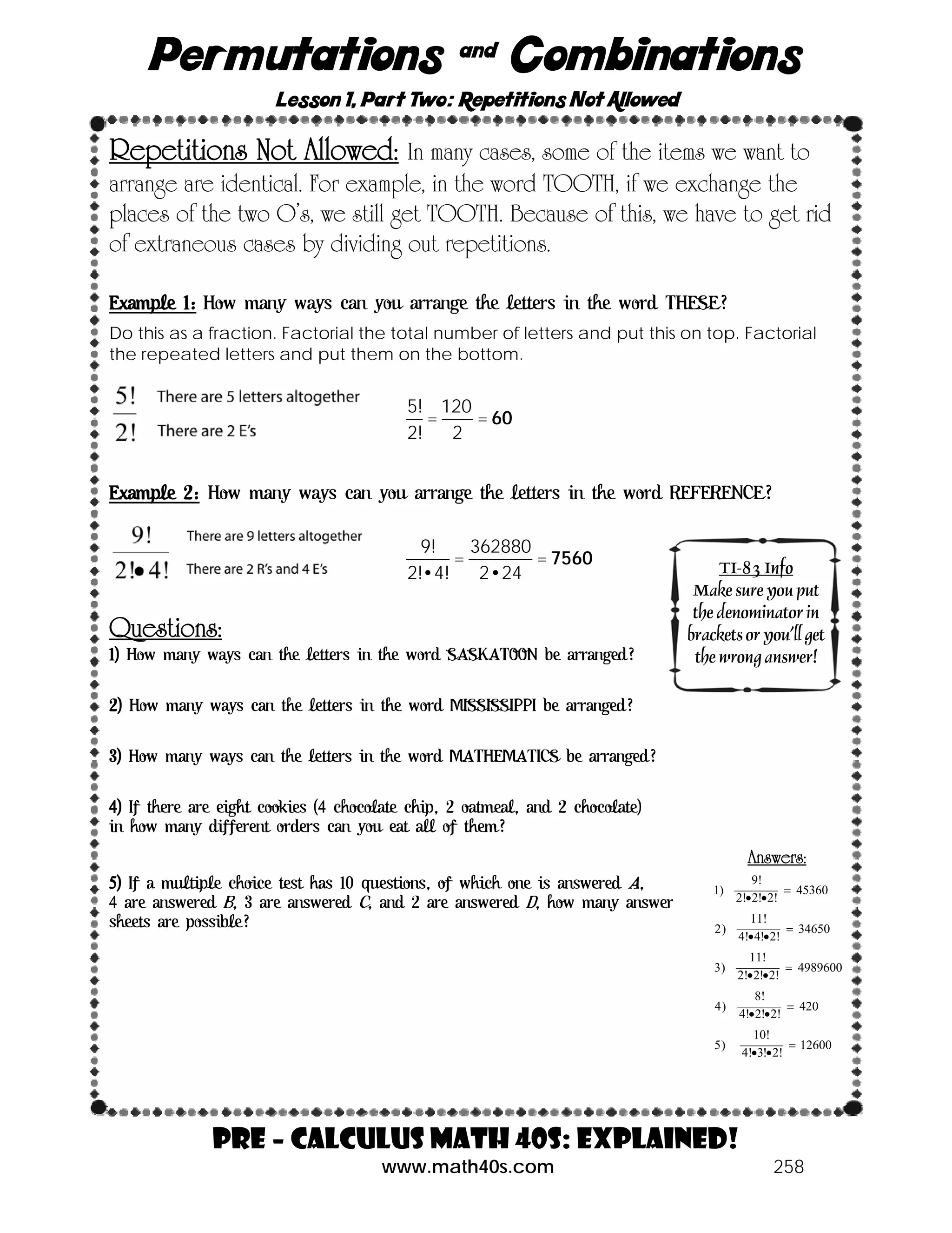 Pre calculus math 40s - permutations & combinations - lesson 1 | PDF