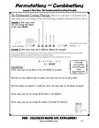 Pre calculus math 40s - permutations & combinations - lesson 1 | PDF