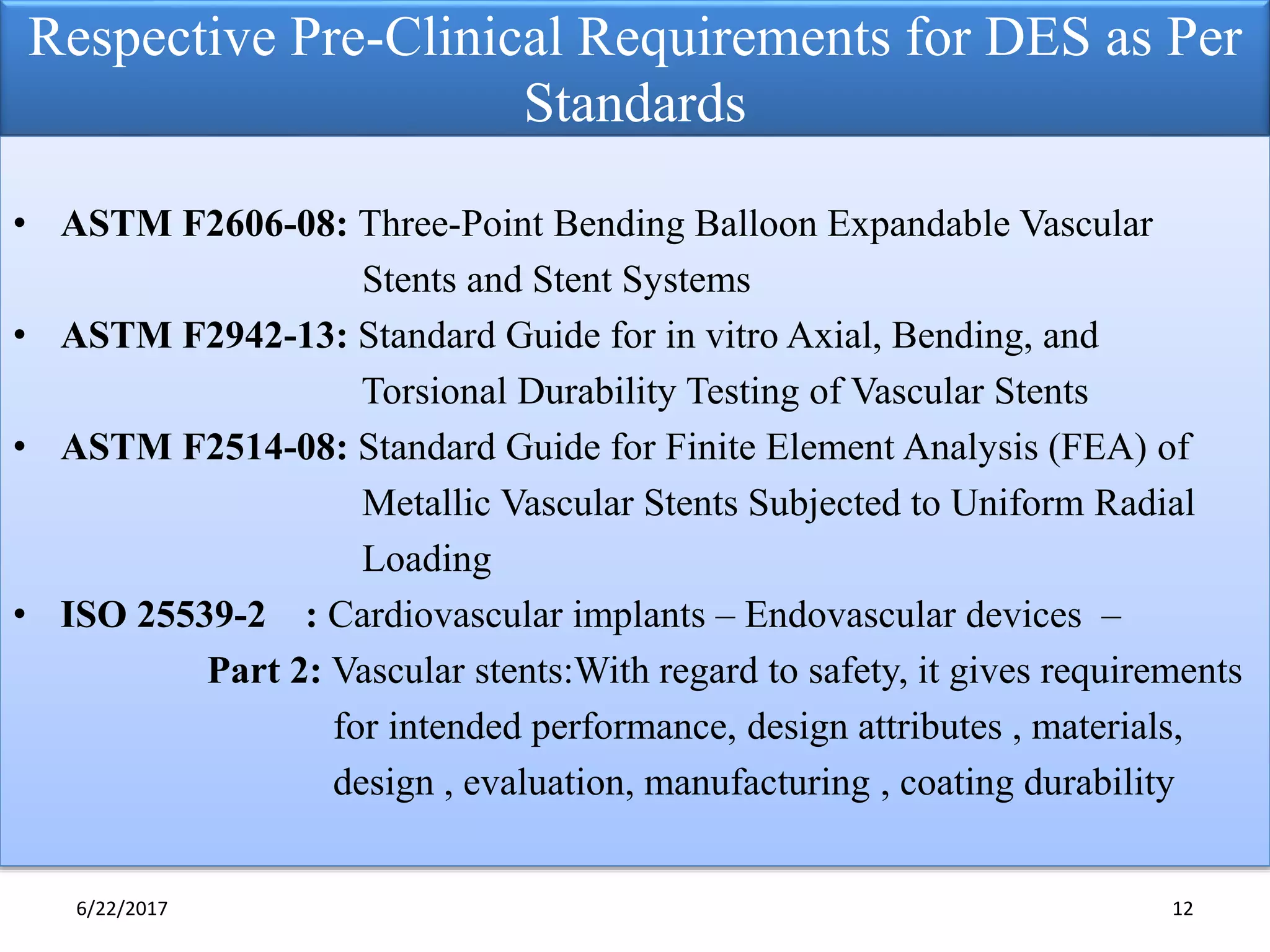 Pre clinical requirements for drug eluting stents as per standards: ISO 25539: Cardio vascular ...