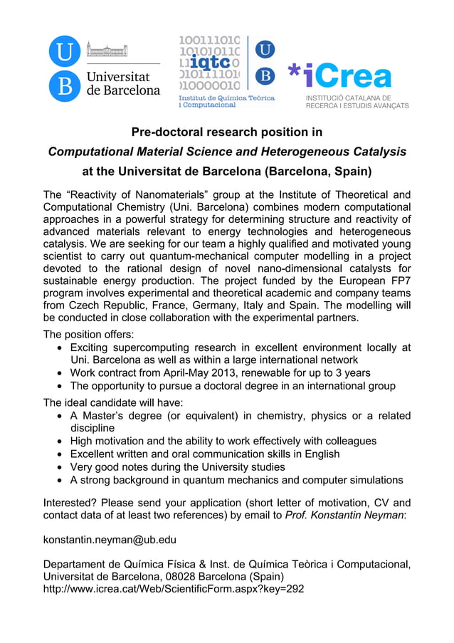 Pre-doctoral research position (UB, Barcelona) | PDF