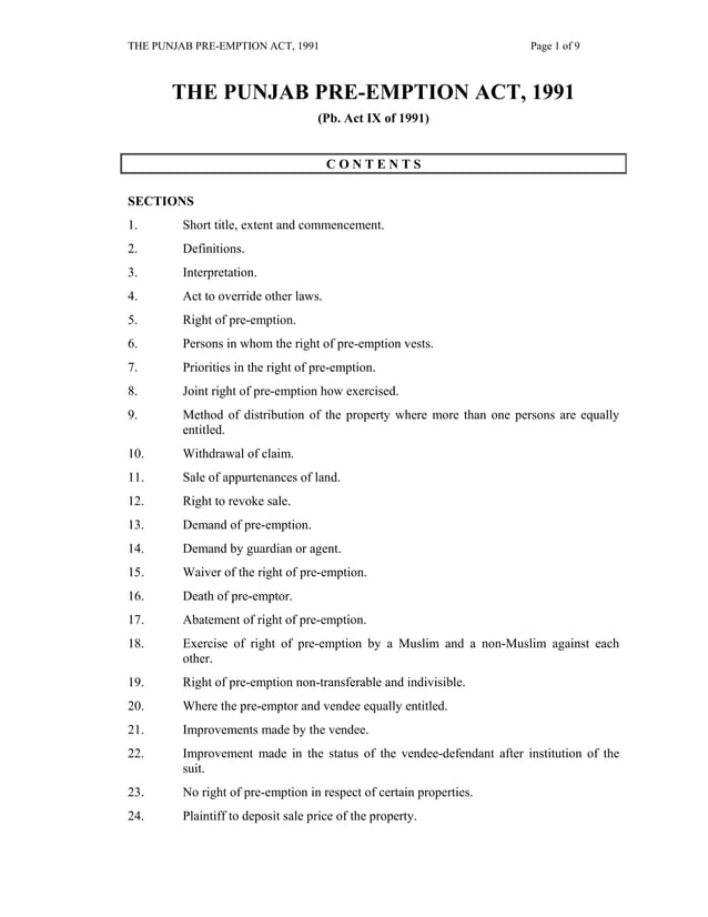 Pre emption act 1991 | PDF