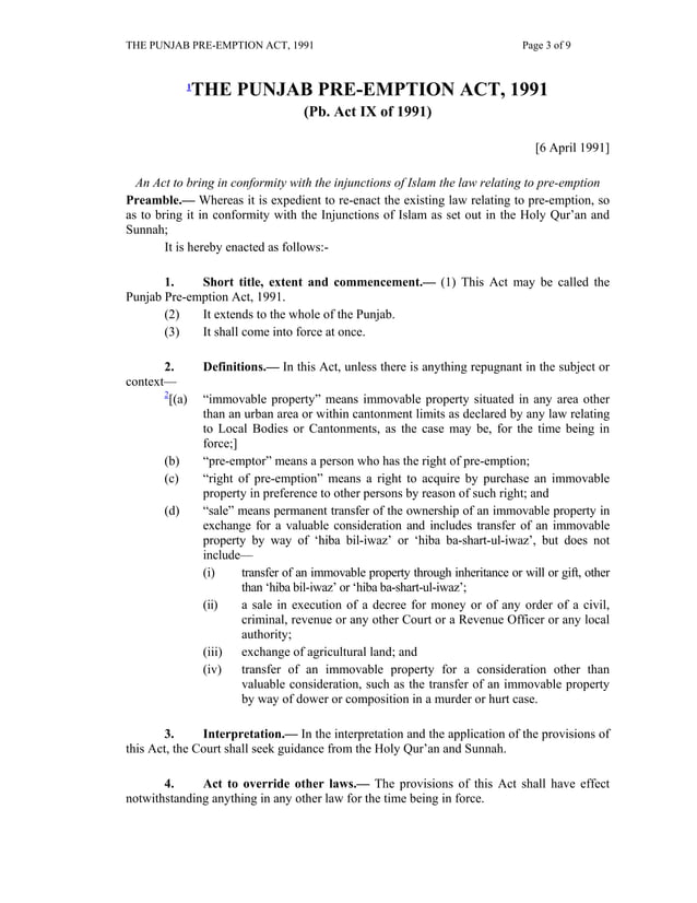Pre emption act 1991 | PDF