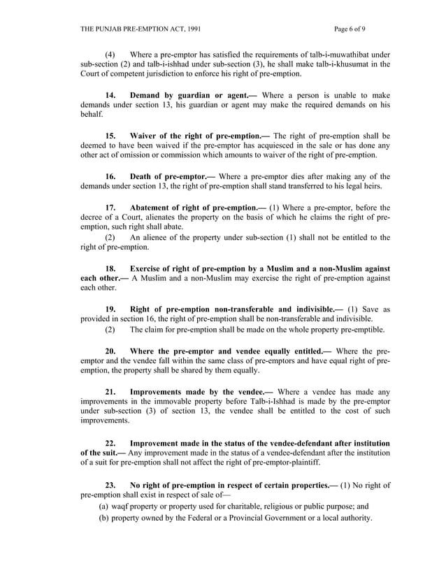 Pre emption act 1991 | PDF