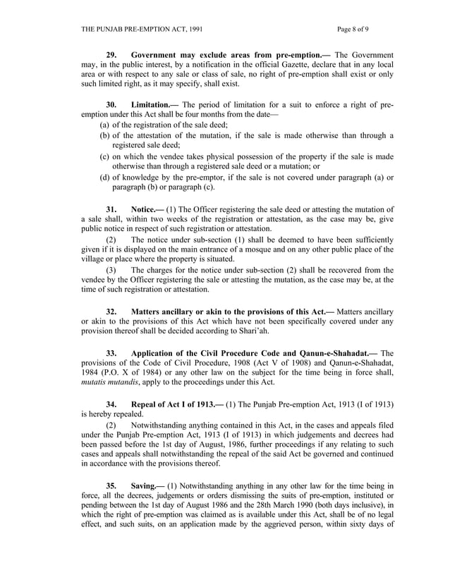 Pre emption act 1991 | PDF