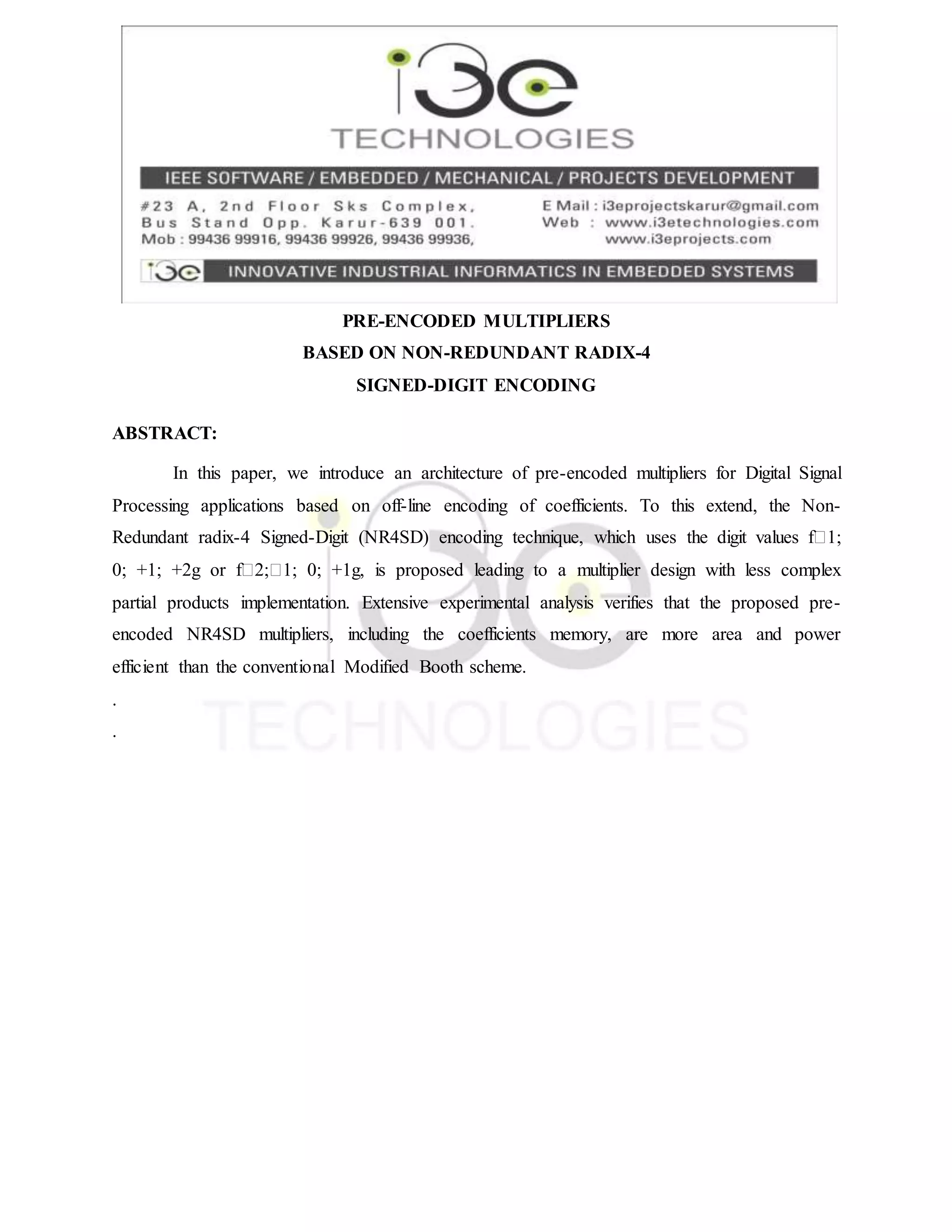 Pre encoded multipliers based on non-redundant radix-4 signed-digit encoding | DOCX | Computer ...