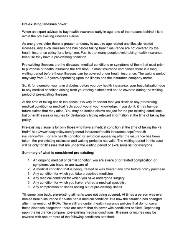 Pre existing illnesses cover | PDF