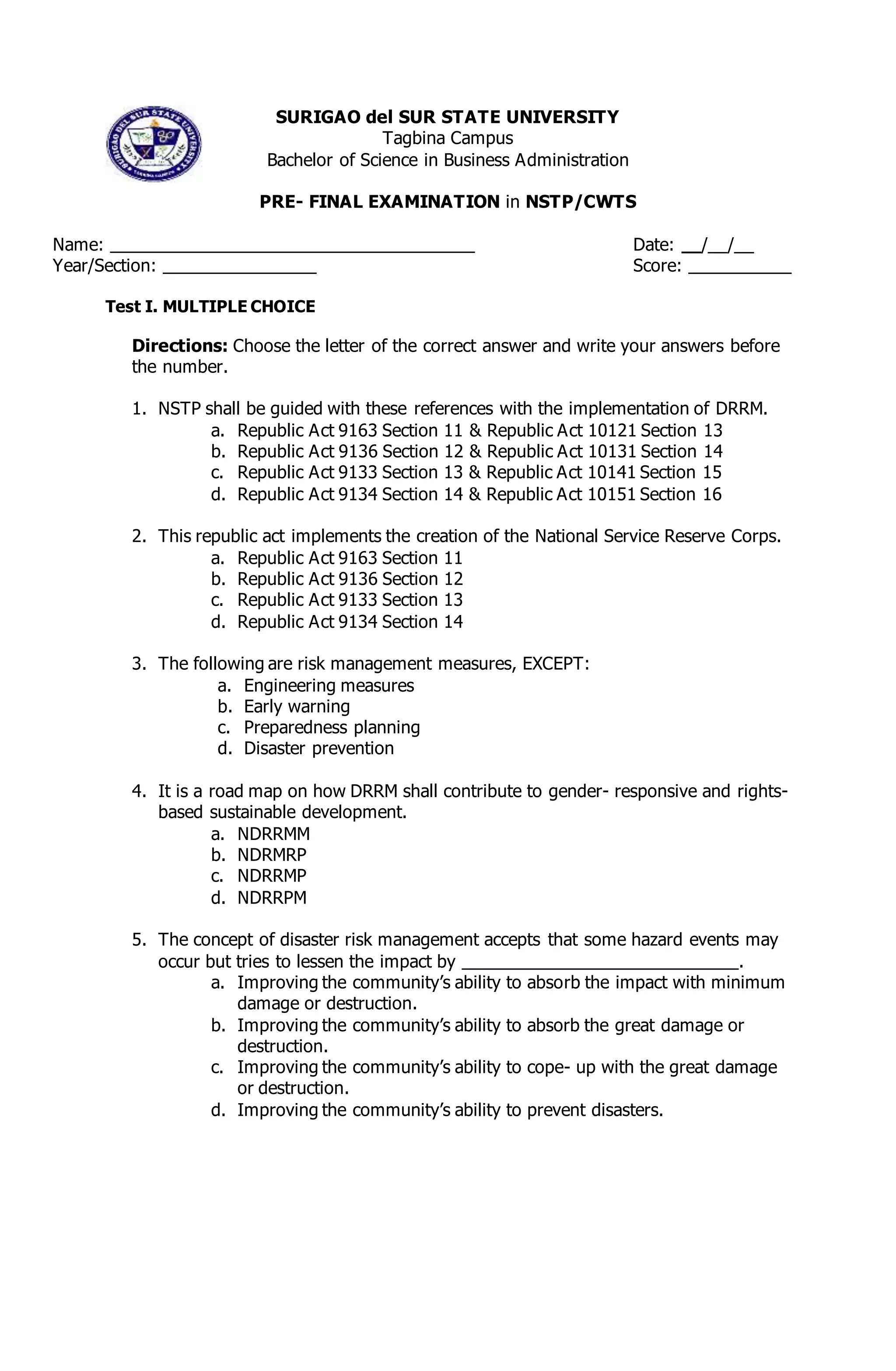 Pre final examination in nstp.cwts