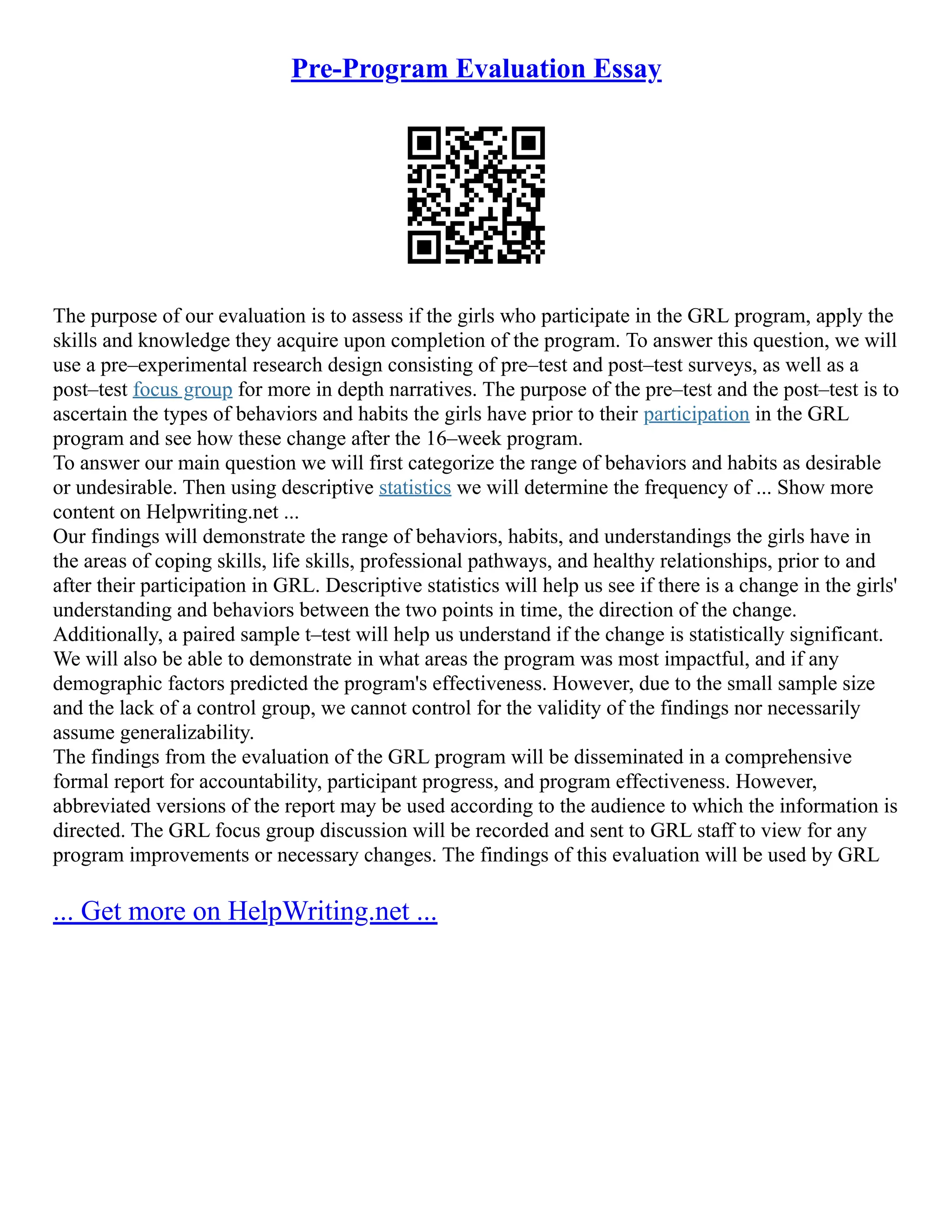 Pre-Program Evaluation Essay | PDF