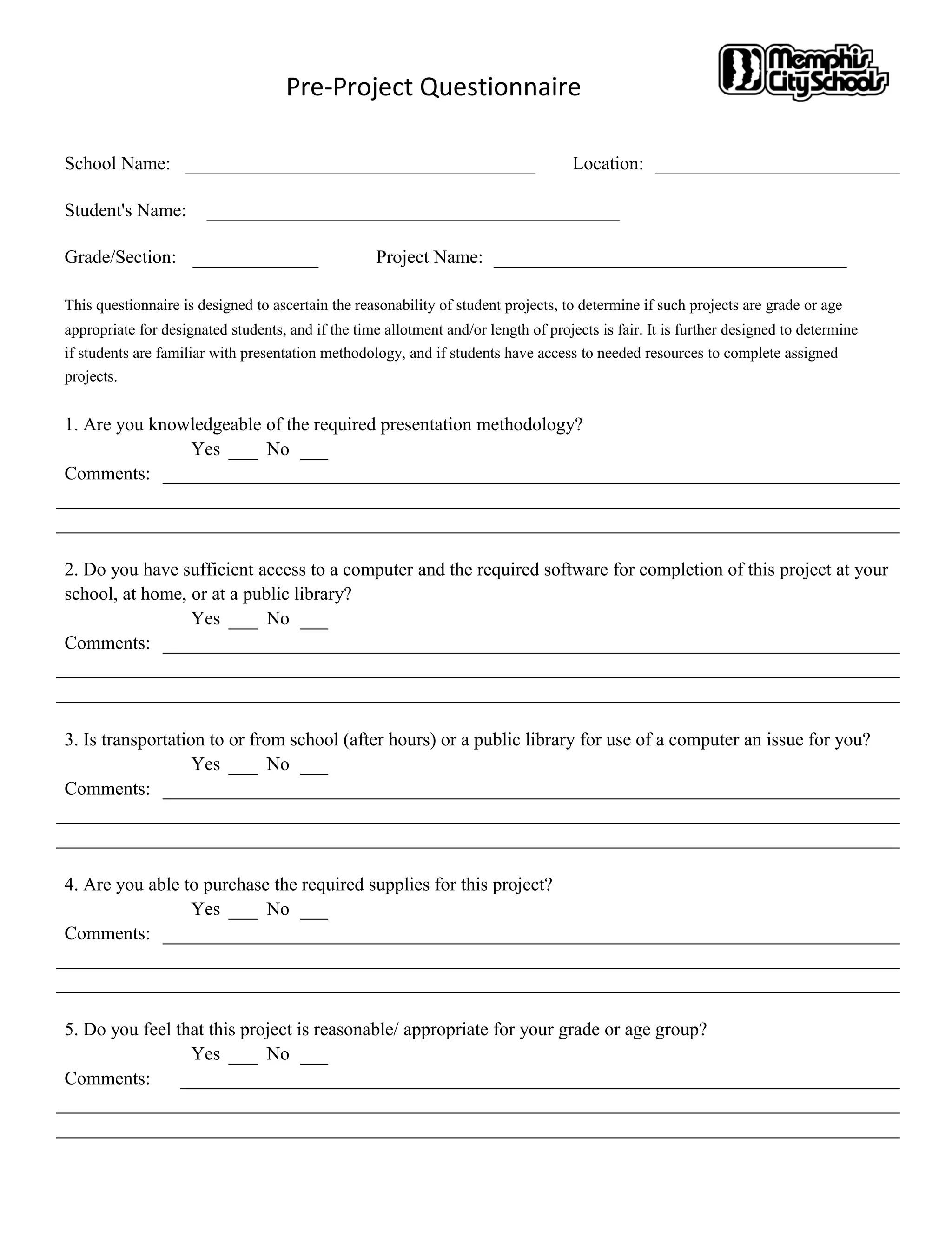 Pre Project Questionnaire | DOC