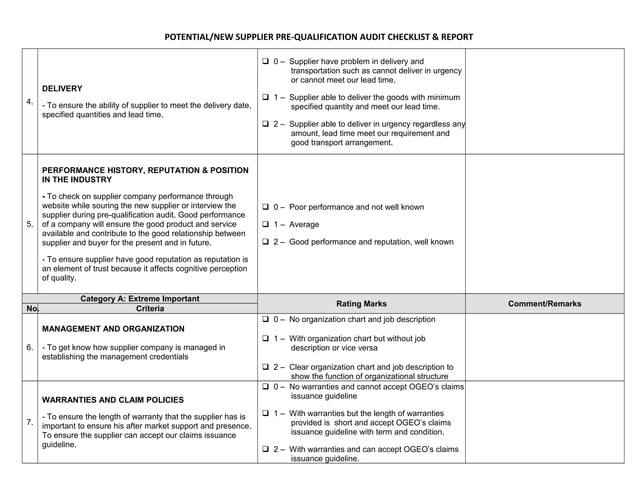 Pre qualification audit checklist & report | DOC | Business Accounting ...