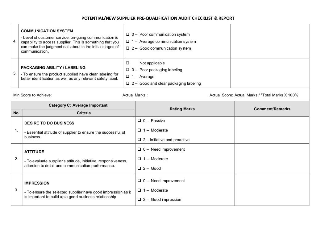 Pre qualification audit checklist & report