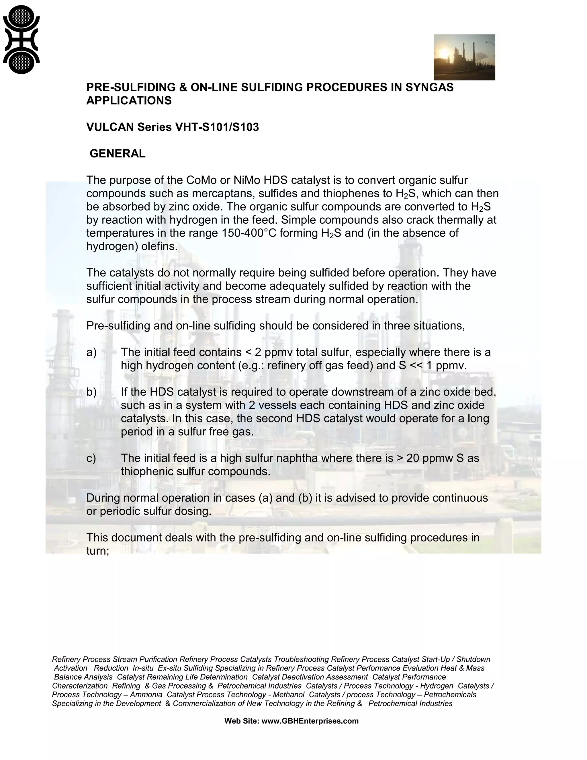 PRE-SULFIDING & ON-LINE SULFIDING of VULCAN Series CoMo and NiMo ...