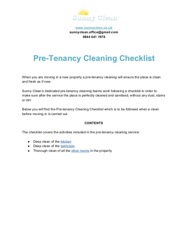 Pre-tenancy cleaning checklist Sunny Clean London