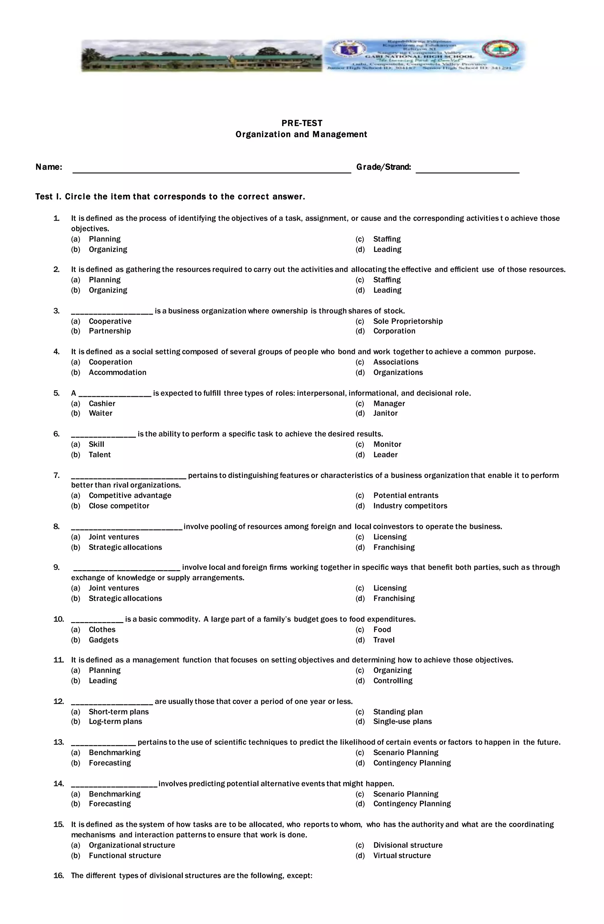 Pre test-organization-and-management | DOCX | Business Administration ...