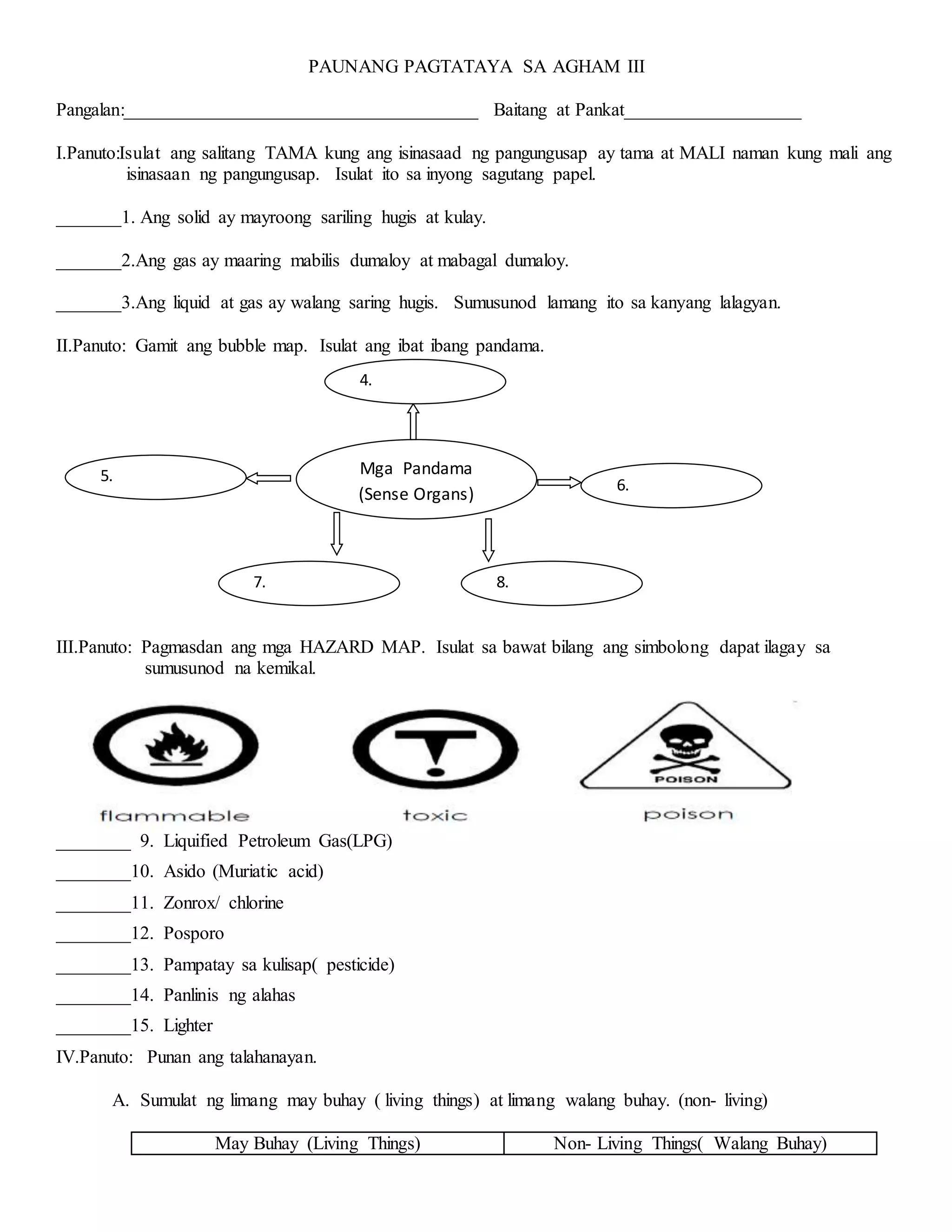 Pre test agham 3 | DOCX