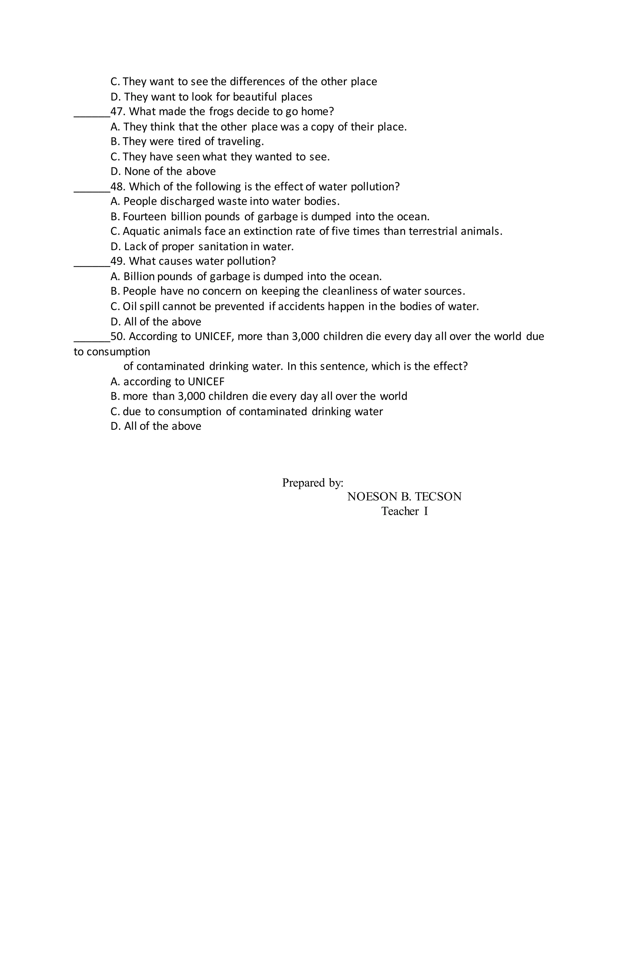 Pre test english 6 | DOCX