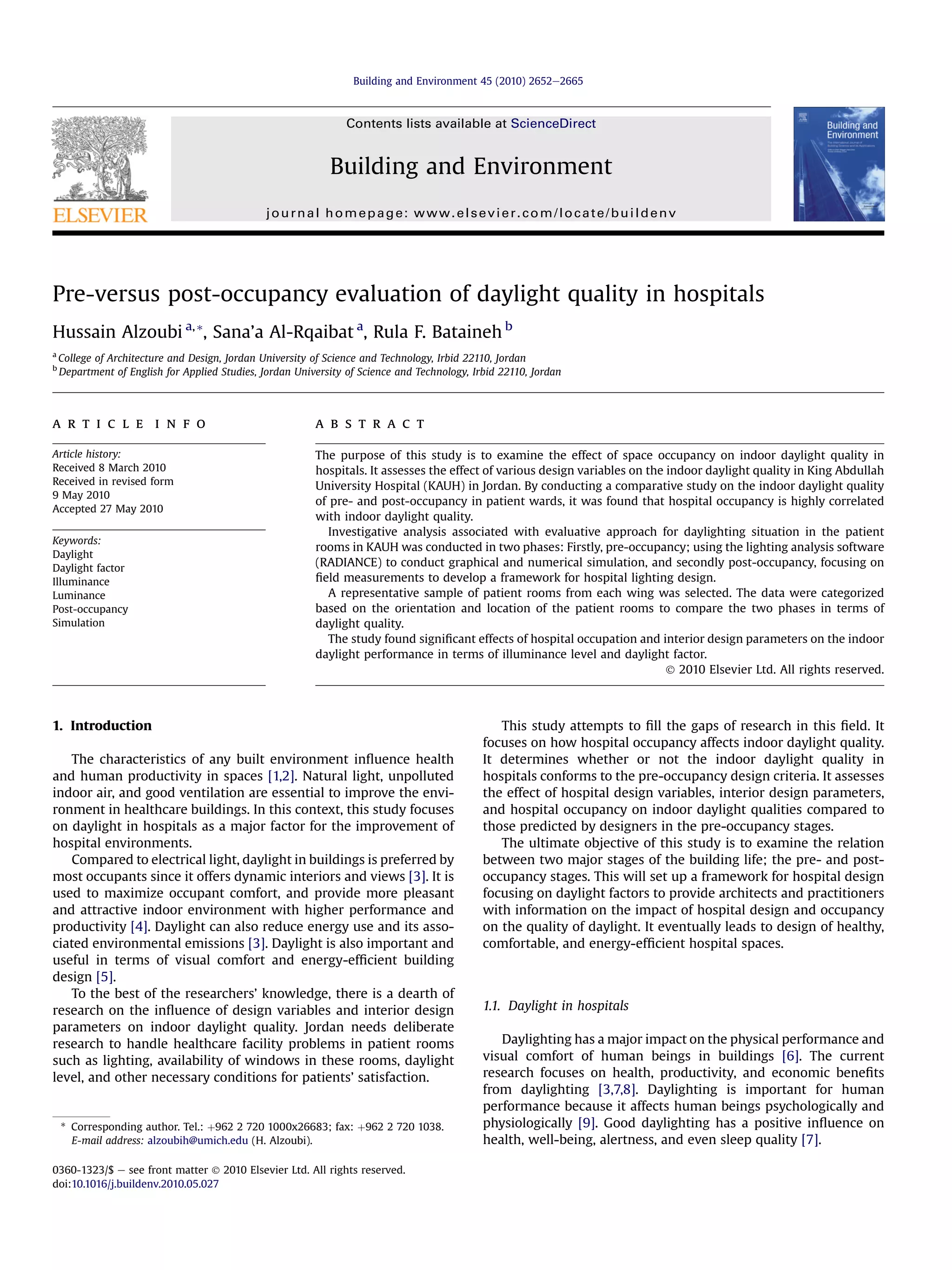 Pre versus post-occupancy evaluation of daylight quality in hospitals | PDF