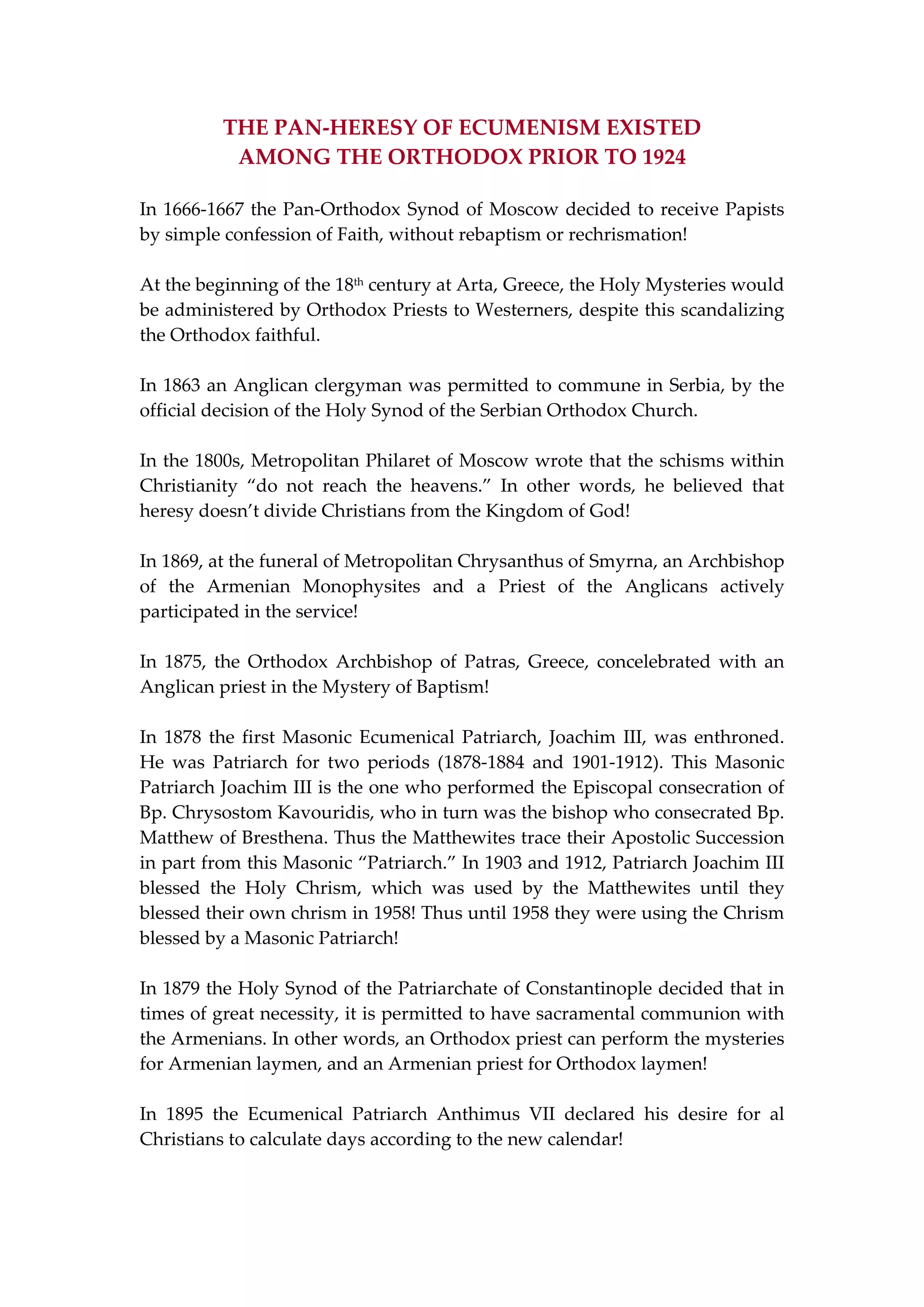 The Pan-Heresy of Ecumenism Existed Among the Orthodox Before 1924 | PDF