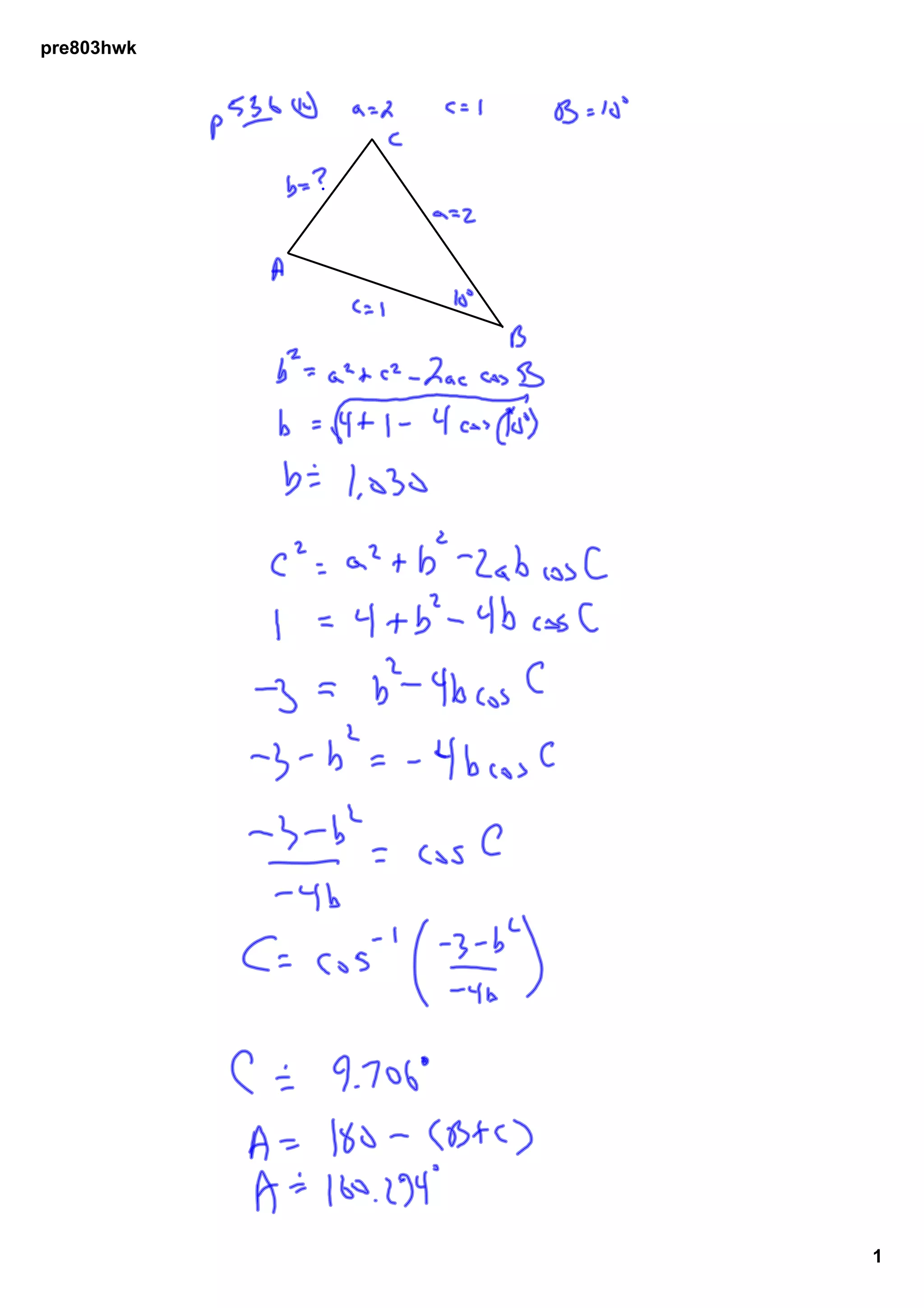 preCalculus 803 Law of Cosines HWK! | PDF
