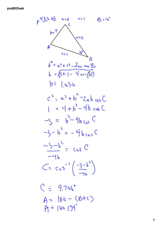 preCalculus 803 Law of Cosines HWK! | PDF