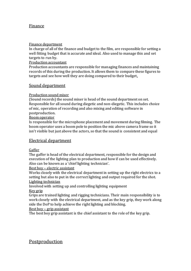 Pre and post production roles | DOCX | Video Production | Content ...