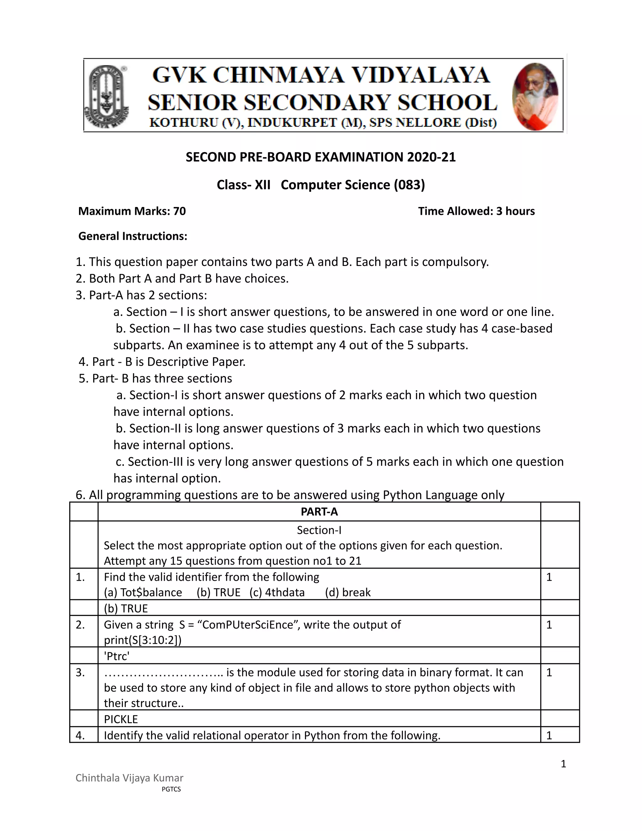 GVKCV Computer Science(083) Pre board sample paper 2 Class 12 (20-21 ...