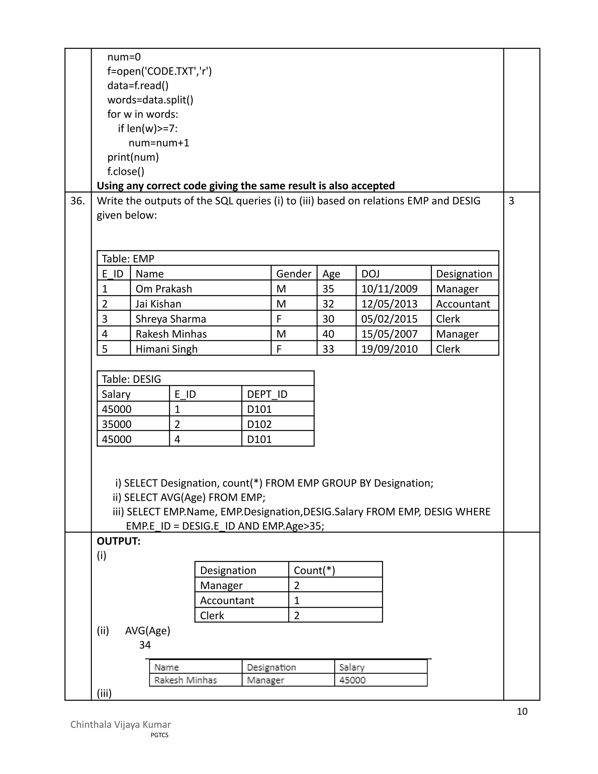 GVKCV Computer Science(083) Pre board sample paper 2 Class 12 (20-21 ...