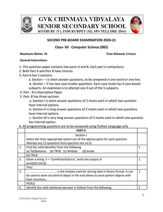 GVKCV Computer Science(083) Pre board sample paper 2 Class 12 (20-21) with solutions | PDF